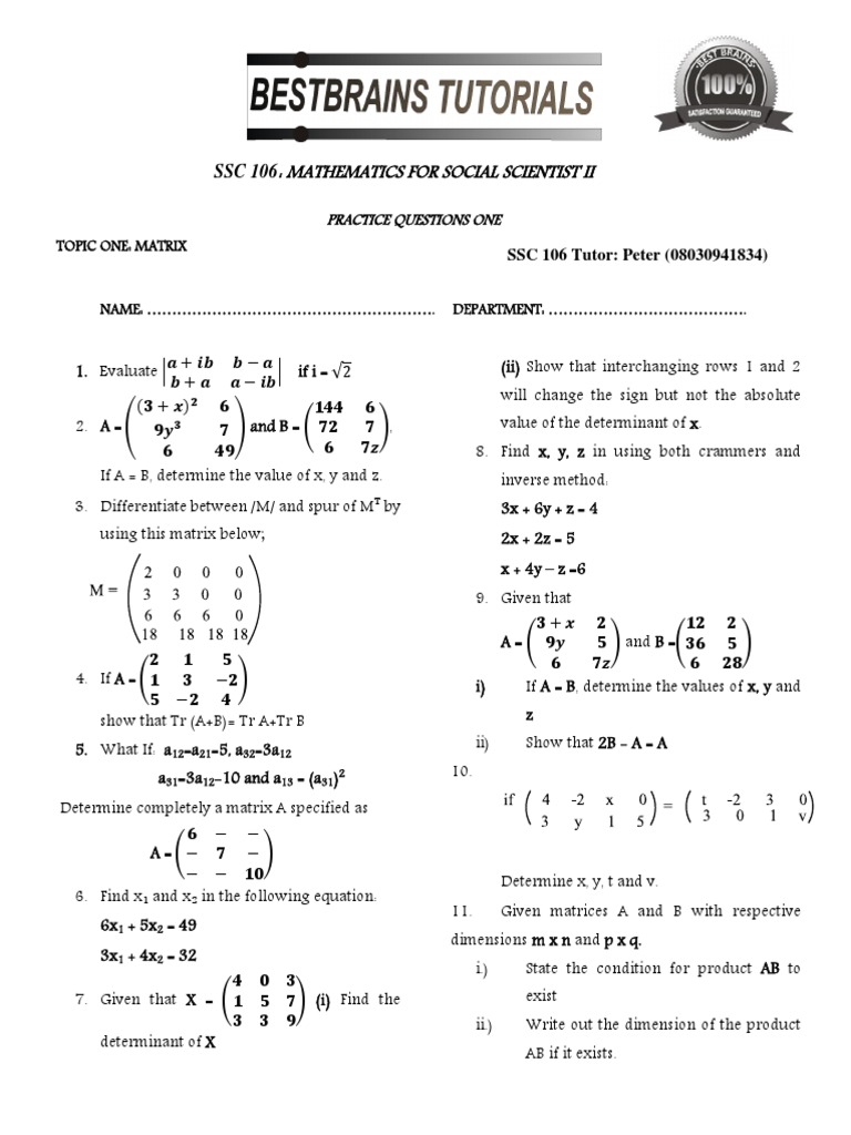 Practice Question Matrix One | PDF | Matrix (Mathematics) | Determinant