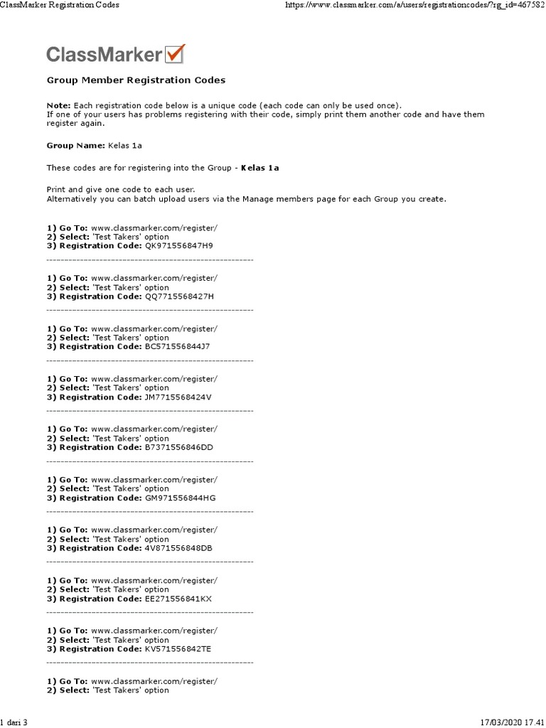 Registration codes for the ClassMarker group "Kelas 1a | PDF | Computing | Software