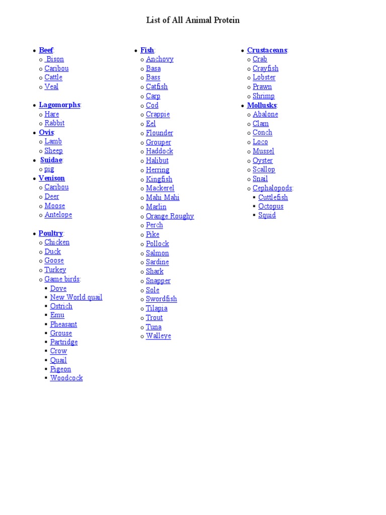 Comprehensive Animal Protein List | PDF