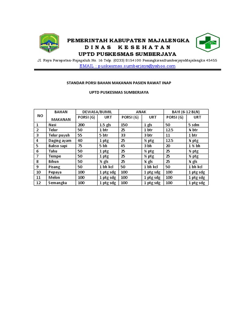 Standar Porsi Makanan Puskesmas | PDF