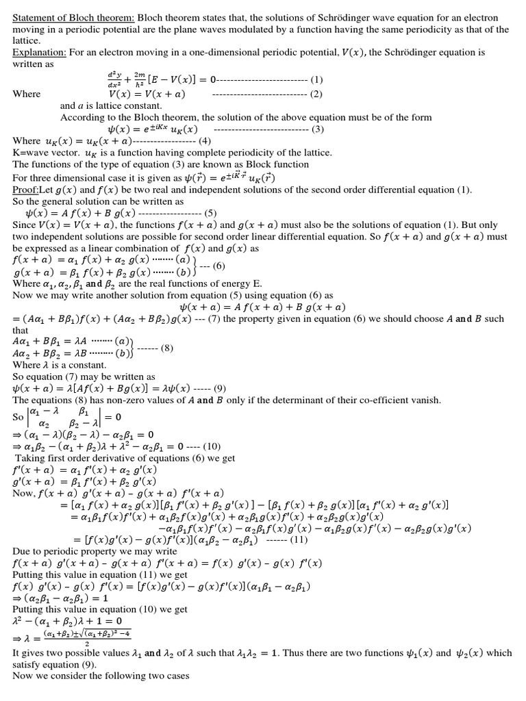 Bloch Theorem | PDF | Electronic Band Structure | Equations