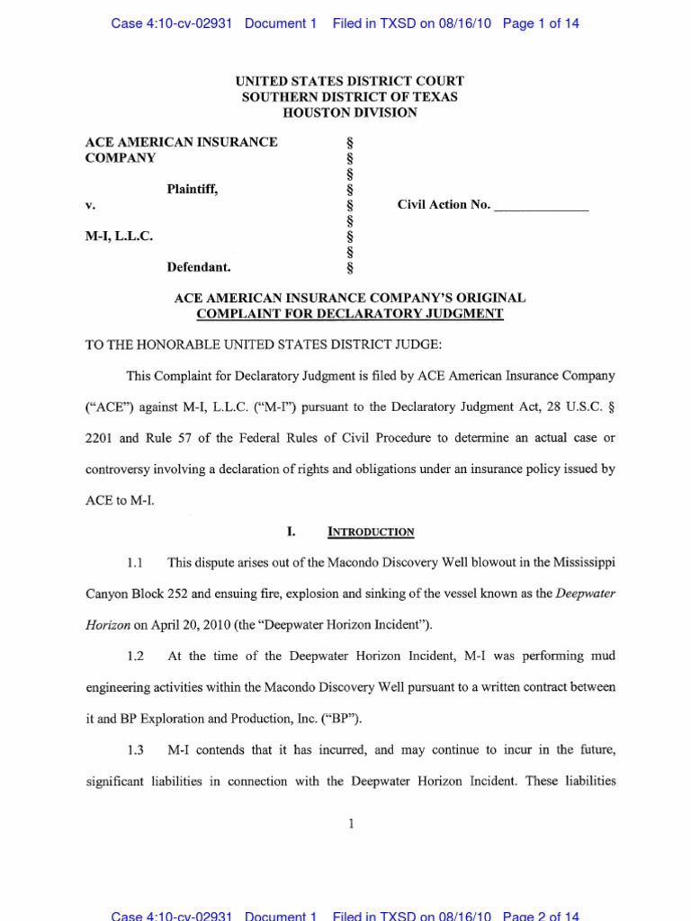 ACE AMERICAN INSURANCE COMPANY v. M-I, L.L.C. Complaint | Download Free ...
