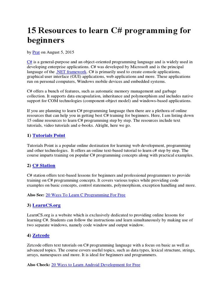 15 Essential Resources for Learning C# | PDF | C Sharp (Programming ...
