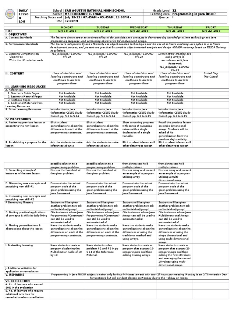 Lesson Log For Ict 101 Programming Java Pdf Array Data Type Behavior Modification