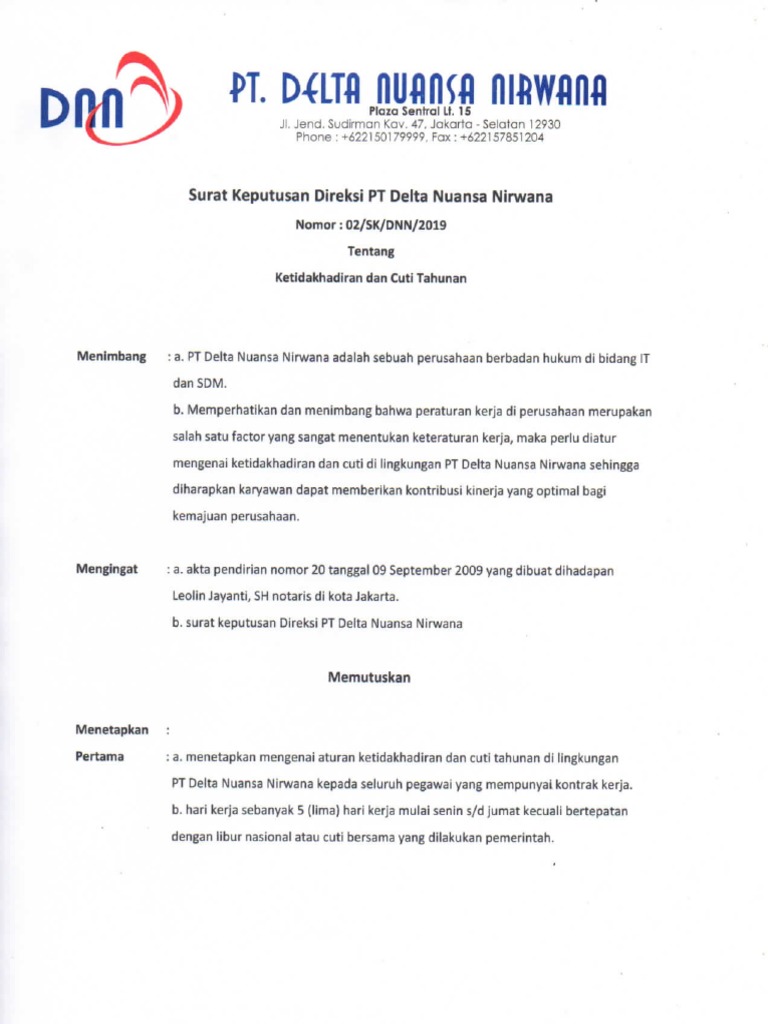 Surat Keputusan Direksi PT DNN Tentang Ketidakhadiran Dan Cuti Tahunan | PDF