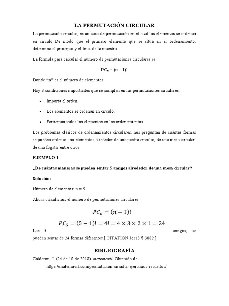 Permutaciones circulares: concepto, fórmula y ejemplo resuelto | PDF