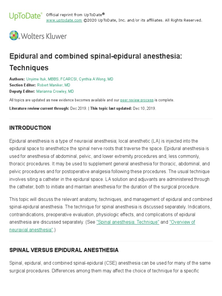 Epidural and Combined Spinal-Epidural Anesthesia Techniques - UpToDate ...