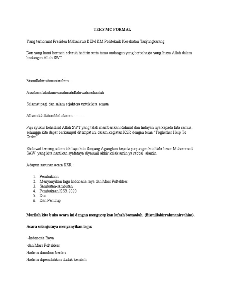 Teks MC Formal KSR