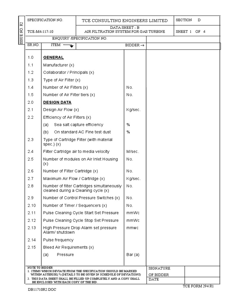 Air Filtration System For Gas Turbine Data Sheet - B | PDF | Filtration ...