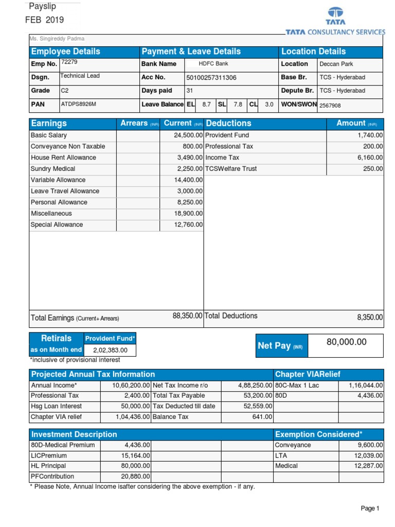 TCS Feb Payslip PDF | PDF | Paycheck | Tax Deduction
