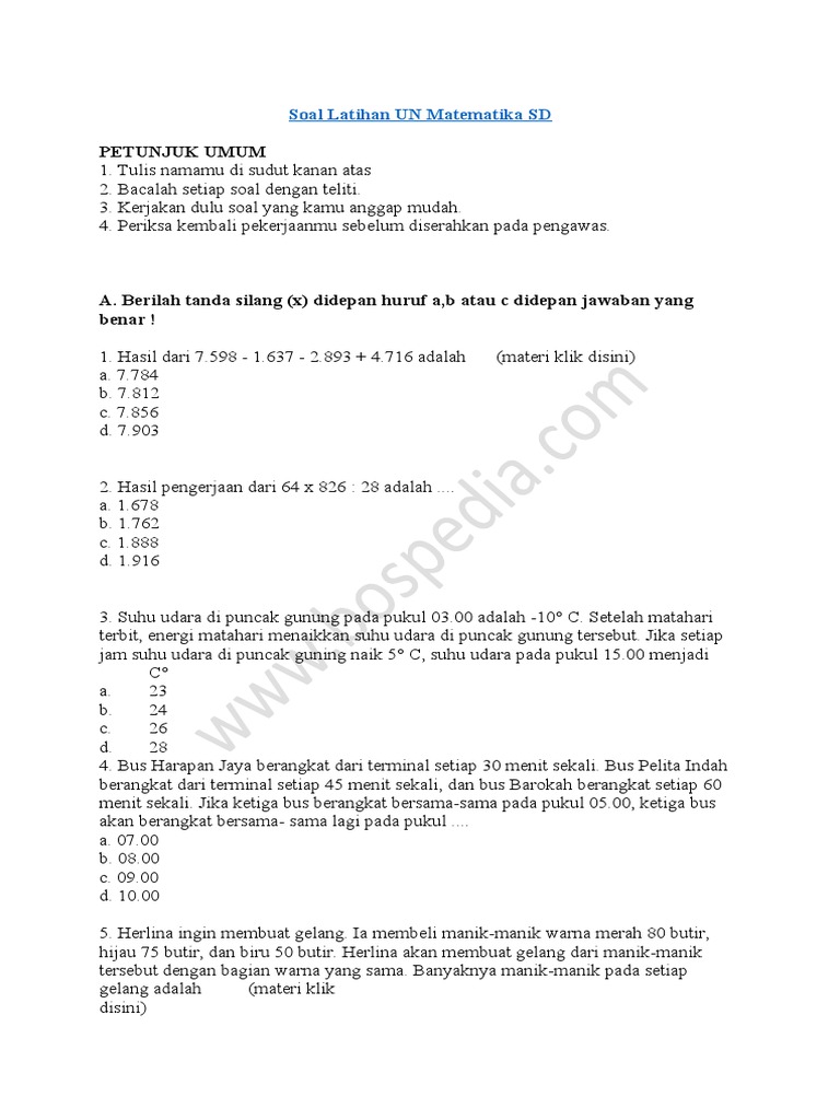 40+ Contoh Soal Latihan UN Matematika SD + Kunci Jawaban | PDF