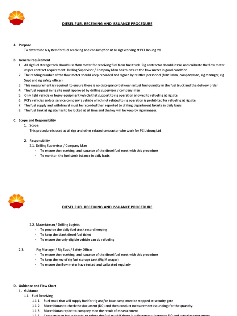Diesel Fuel Receiving Procedure | PDF | Flow Measurement | Diesel Engine