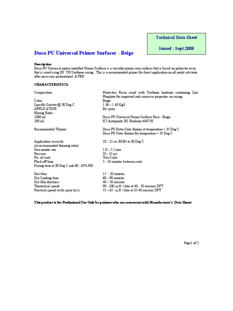 PDS - Duco PU Universal Epoxy Primer Surfacer | PDF | Epoxy ...