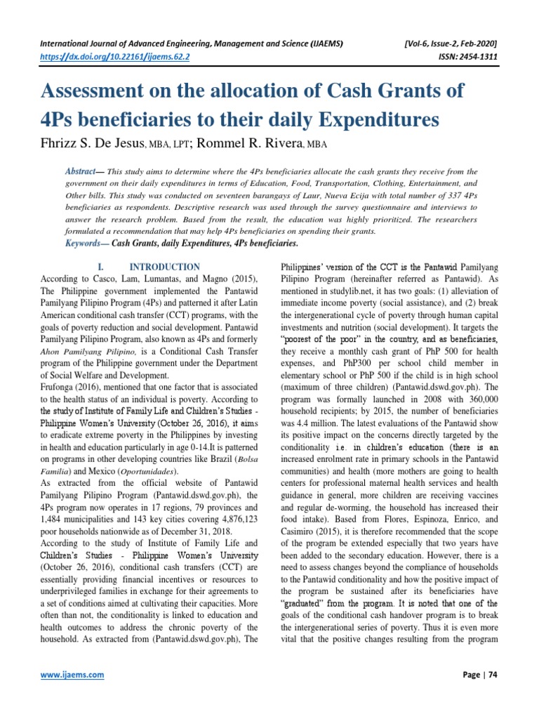 Assessment On The Allocation of Cash Grants of 4Ps Beneficiaries To ...