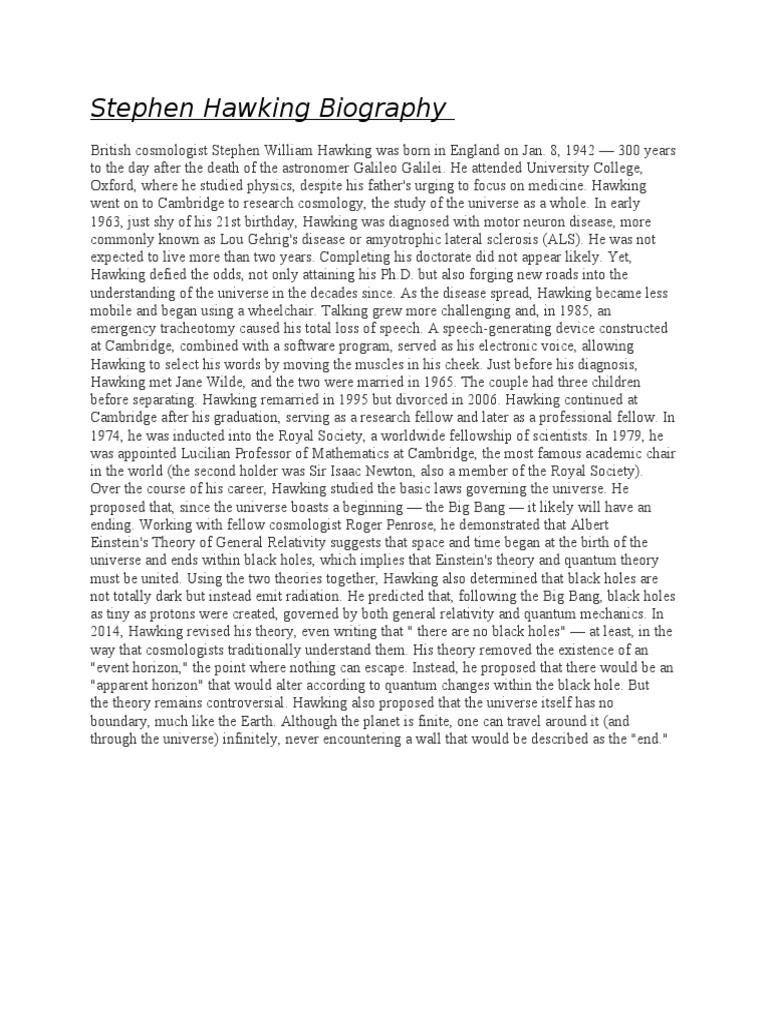 Stephen Hawking Biography | PDF | Stephen Hawking | Black Hole