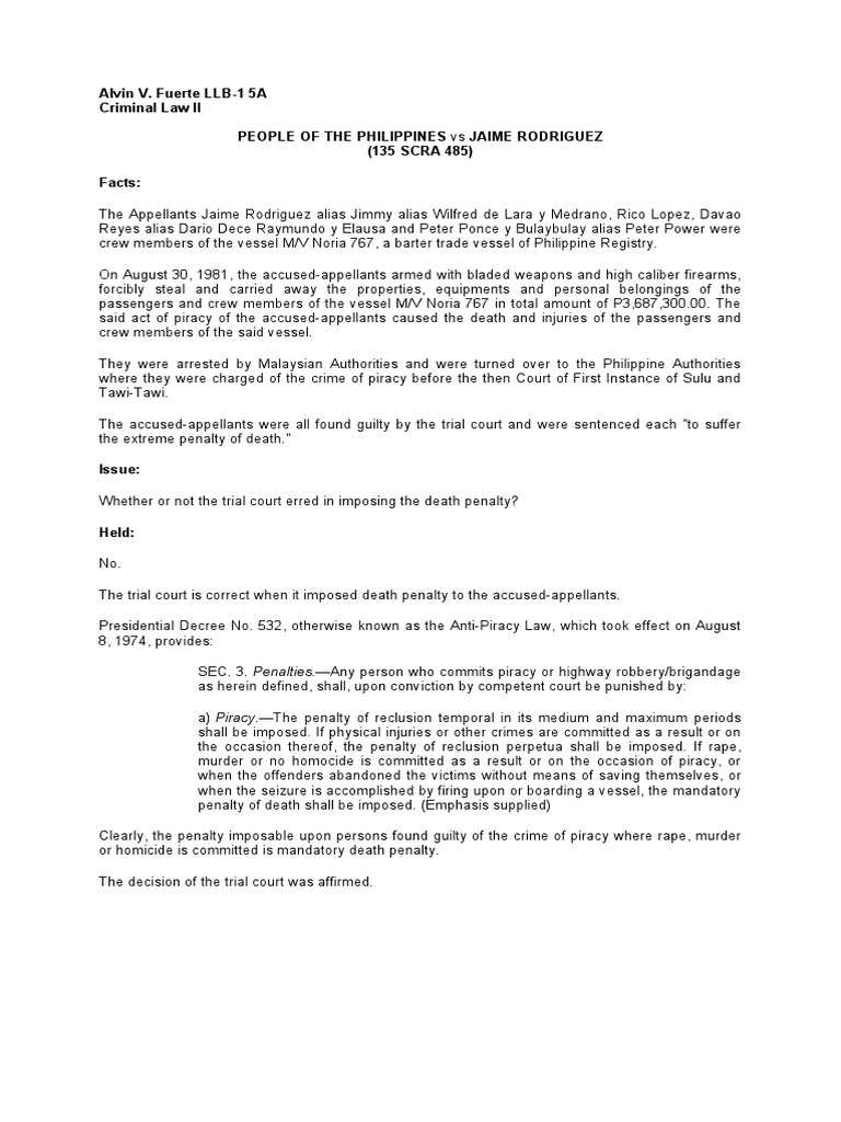 People Vs Rodriguez (135 SCRA 485) Digest | PDF | Piracy | Capital ...