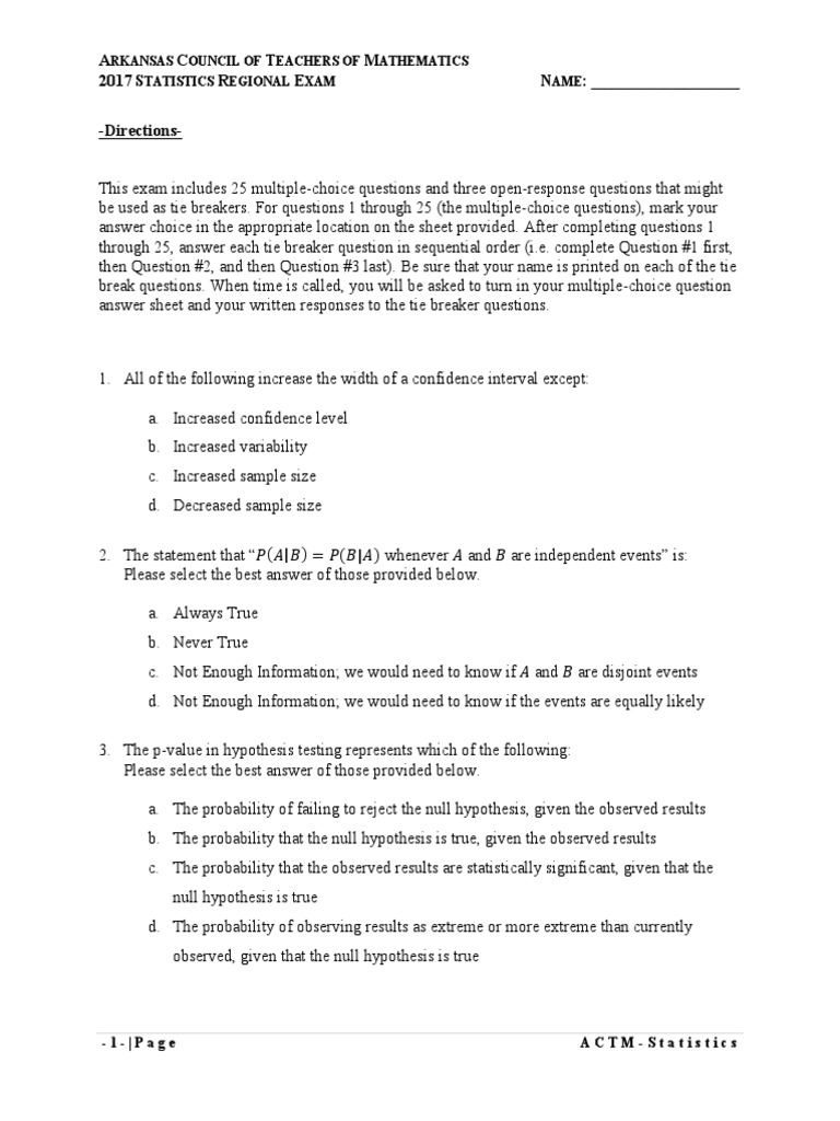 ACTM 2017 Regional Statistics and Key A 1 | PDF | P Value | Statistical Significance