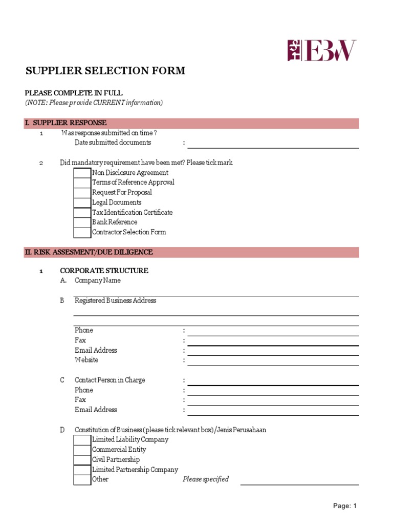 Supplier Selection Form | PDF | Identity Document | Banks
