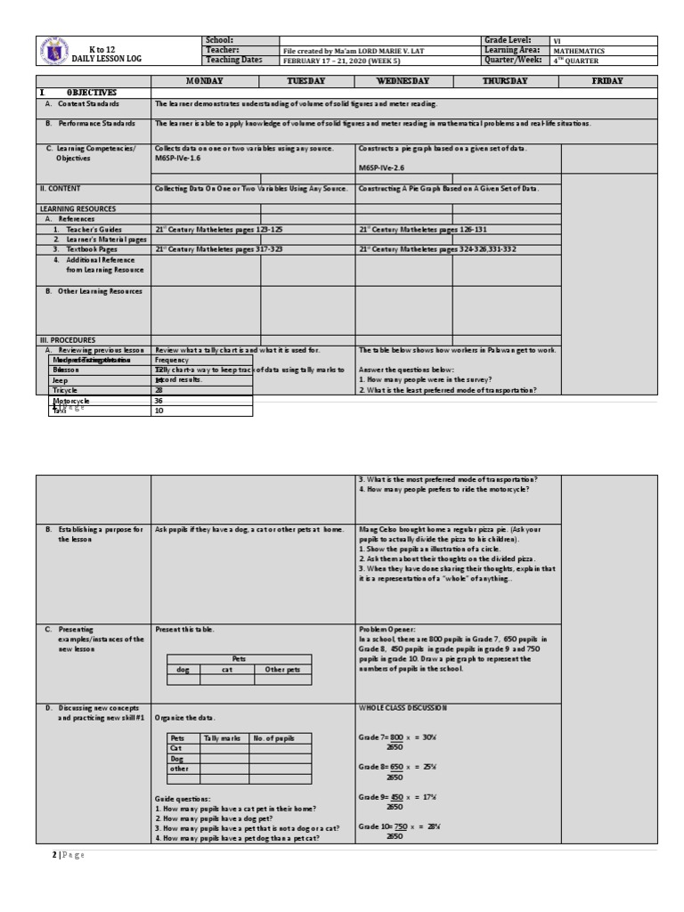 DLL - Mathematics 6 - Q4 - W5 | PDF | Pet | Learning