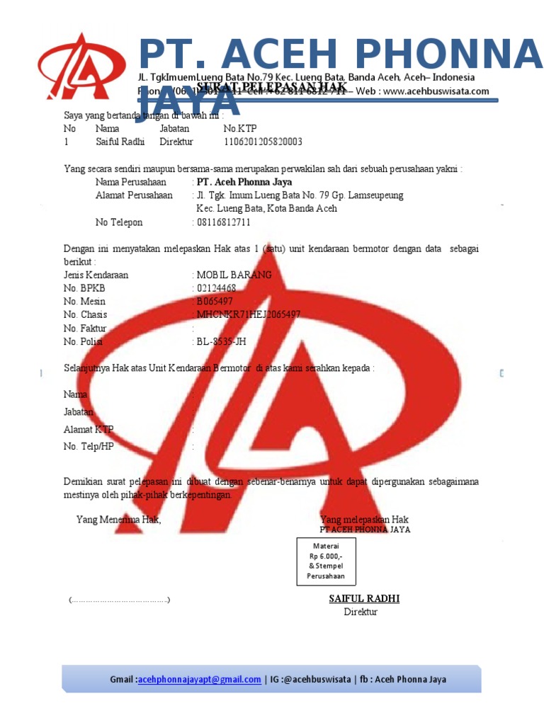 Pelepasan Hak Kendaraan PT Aceh Phonna Jaya | PDF