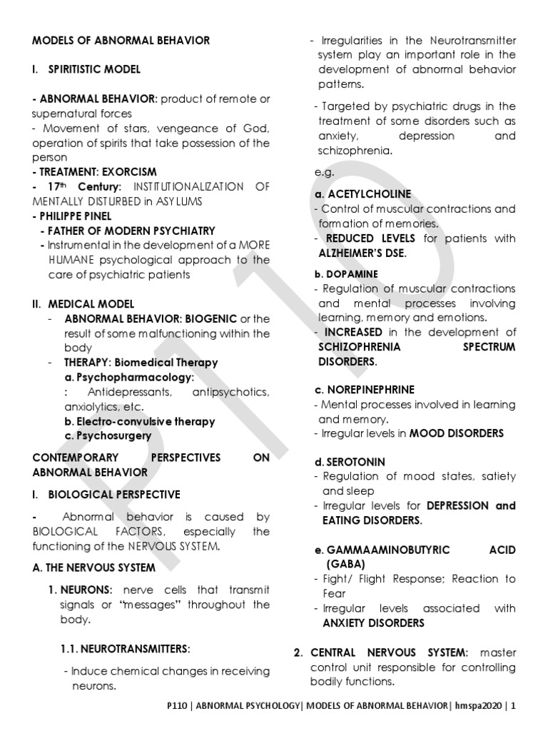 Week 2. Models of Abnormal Behavior | PDF | Nervous System | Mental ...