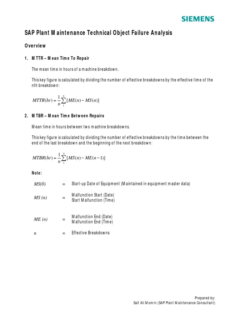 MTTR MTBF Calculation in SAP PM PDF | PDF | Systems Engineering | Computing