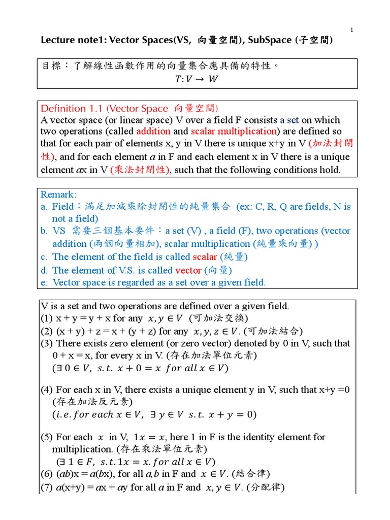 Lecture1 Vector Space And Subspace I 3 Pdf Linear Subspace Vector Space