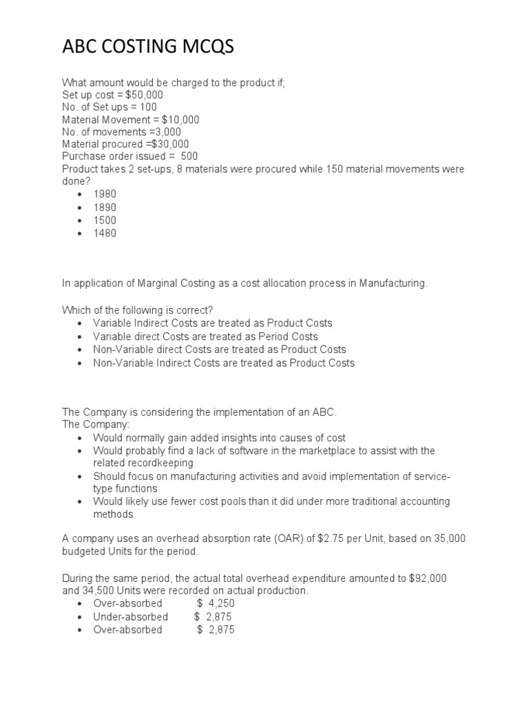ABC Costing MCQs for Cost Allocation | PDF | Cost | Supply Chain Management