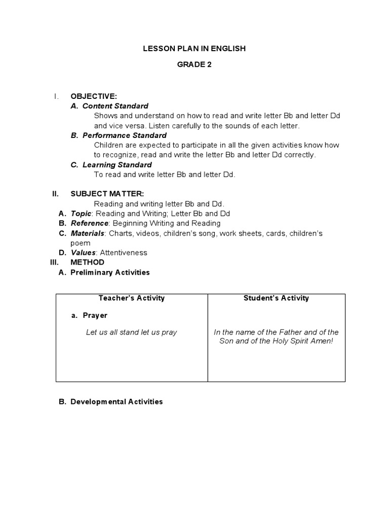 Grade 2 English Lesson Plan: Letters B & D | PDF | Teachers