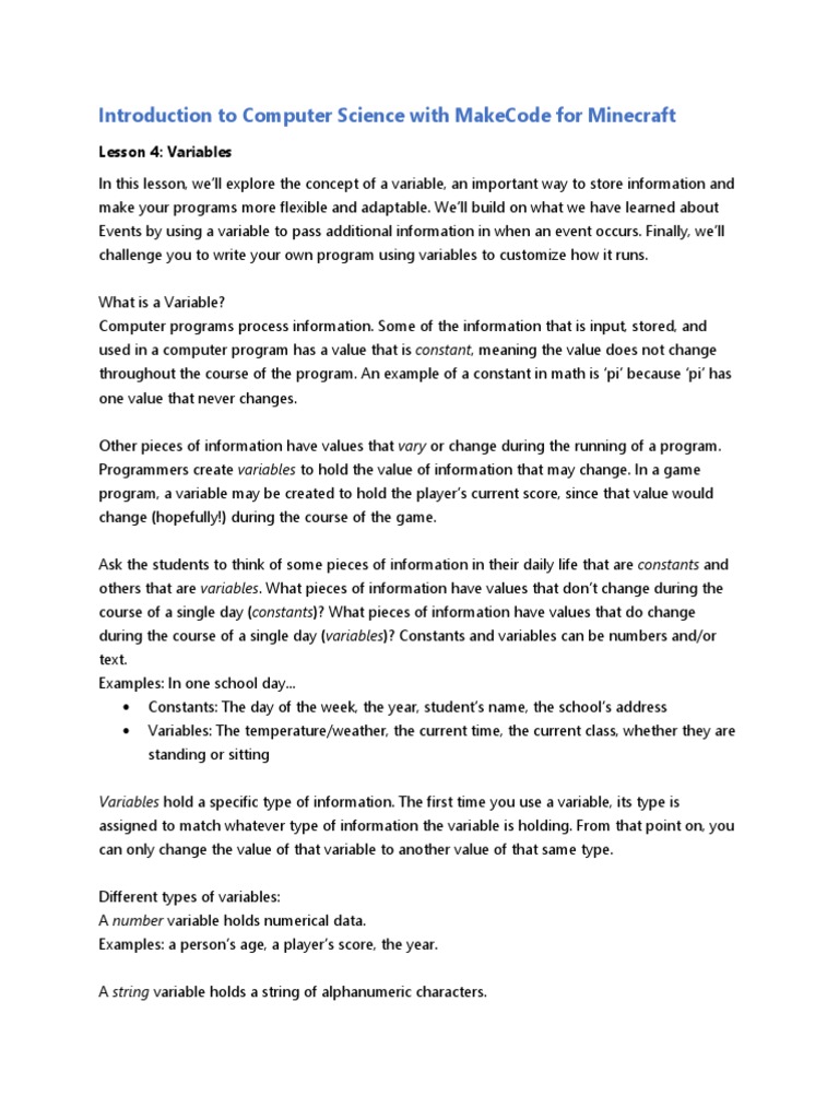 Intro To CS With MakeCode For Minecraft Lesson 4 Variables 1 PDF | PDF ...
