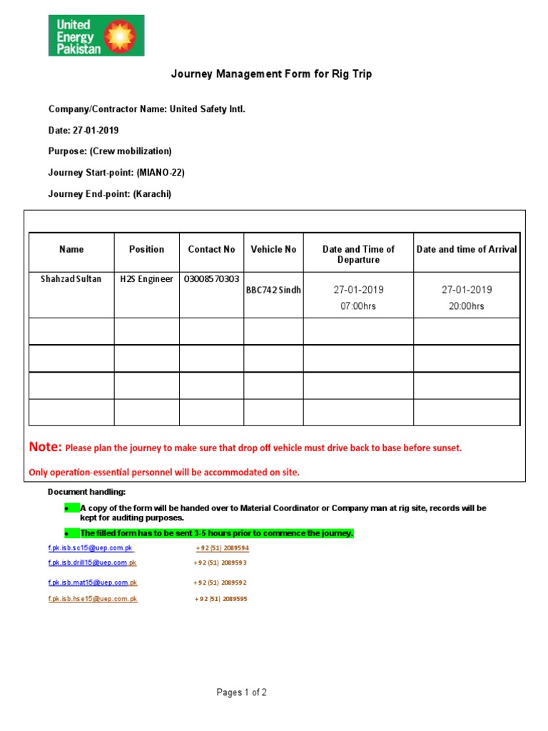 UEP Journey Management Form Shehzad - 26 Jan, 2019 | PDF | Transport