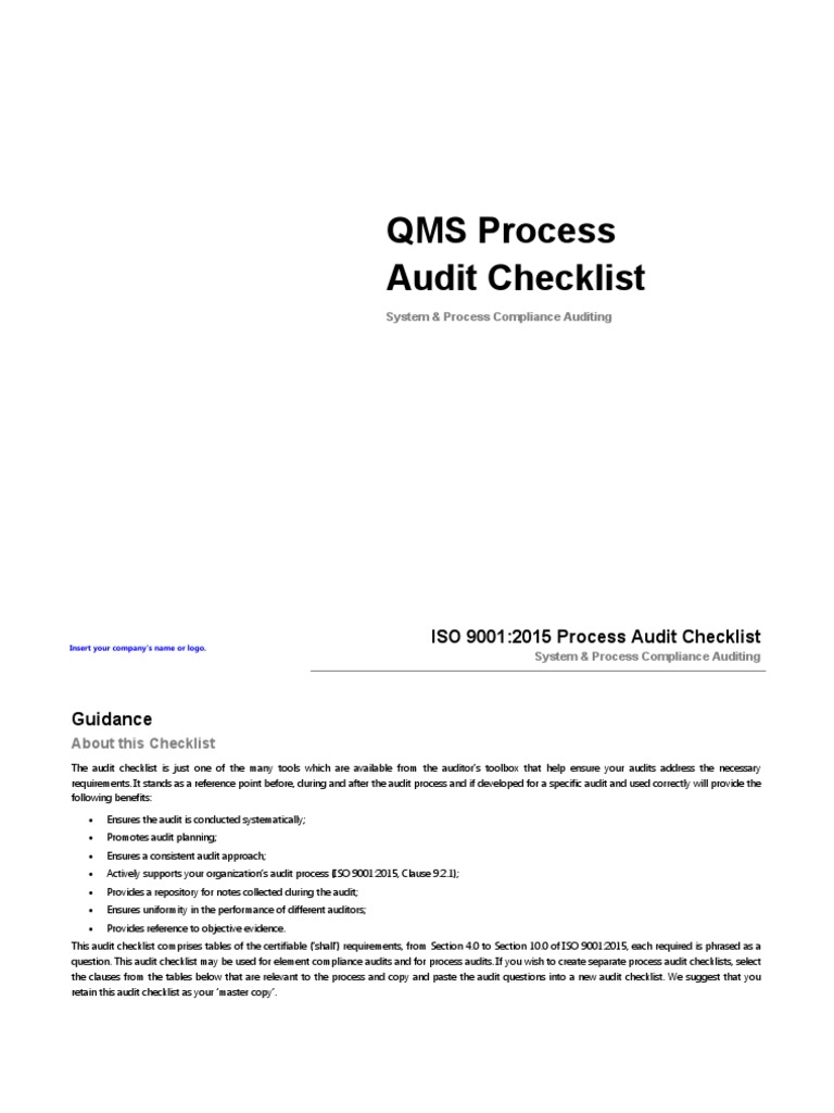 Ensuring Quality Through Compliance: An Audit Checklist for Process ...