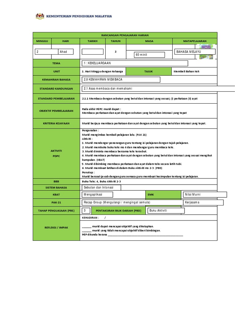 RPH BM THN 2-Unit 1 (M2) | PDF | Karier & Perkembangan | Seni & Disiplin Bahasa