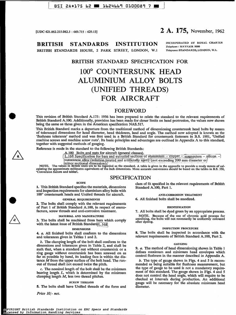 Bsi 2 A. 175, Alumminium Aloy Bolts Nov 1962 PDF | PDF | Screw ...
