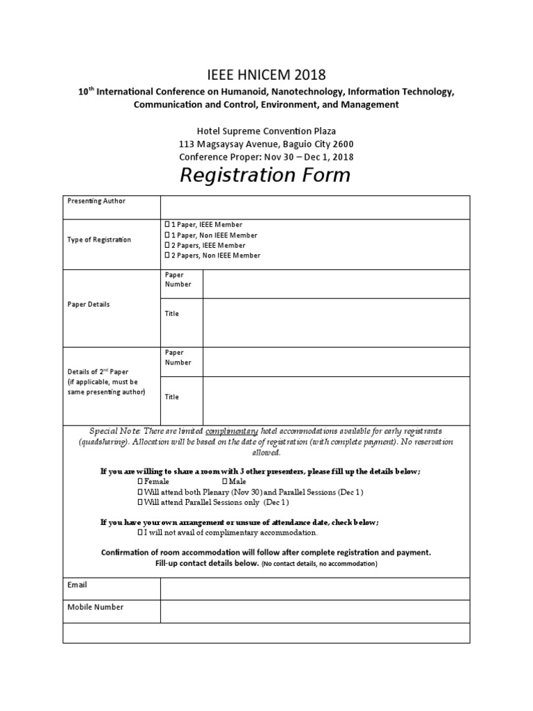 IEEE HNICEM 2018 Registration Form | PDF