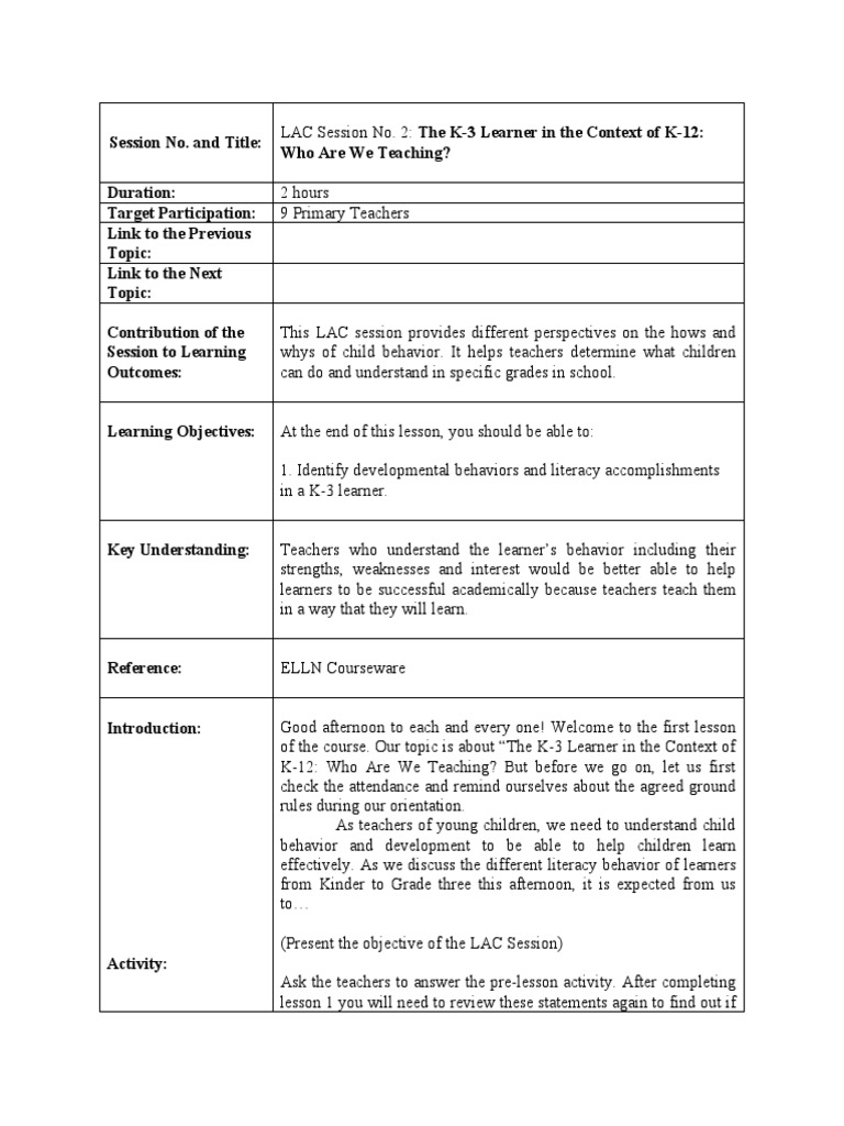 Lac Session Guide | PDF | Teachers | Literacy