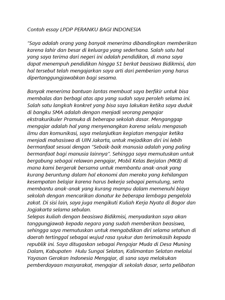 Contoh Essay LPDP PERANKU BAGI INDONESIA | PDF | Karier & Perkembangan ...