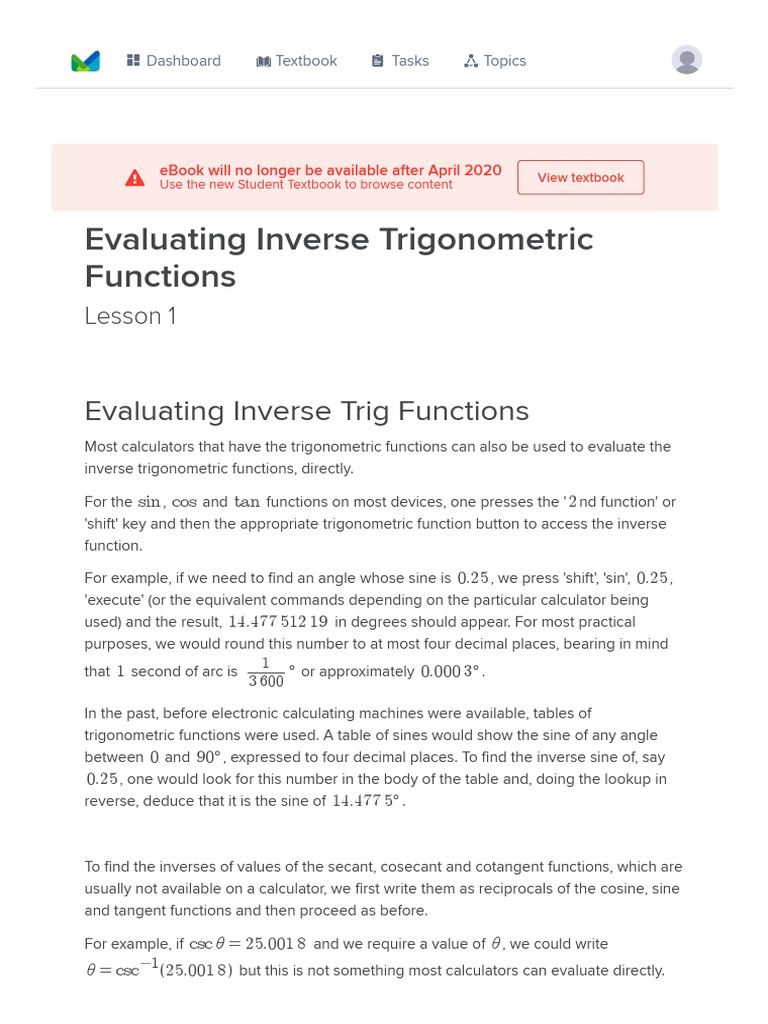 Evaluating Inverse Trig Functions - Mathspace PDF | PDF | Trigonometric ...