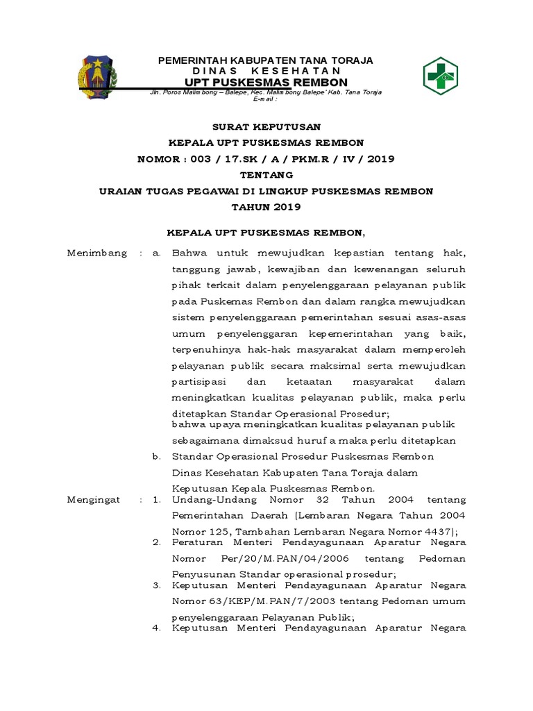 Contoh SK Uraian Tugas Pegawai Terbaru Untuk Akre | PDF