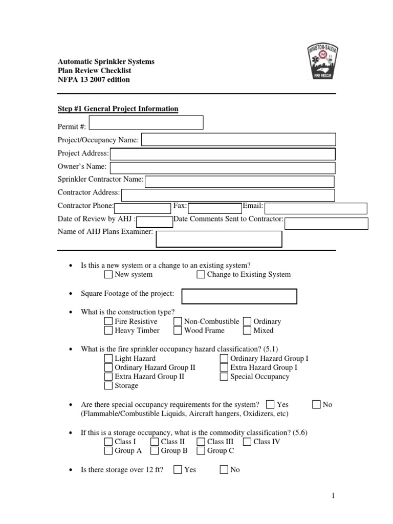 Automatic Sprinkler Systems Plan Review Checklist | PDF | Fire ...