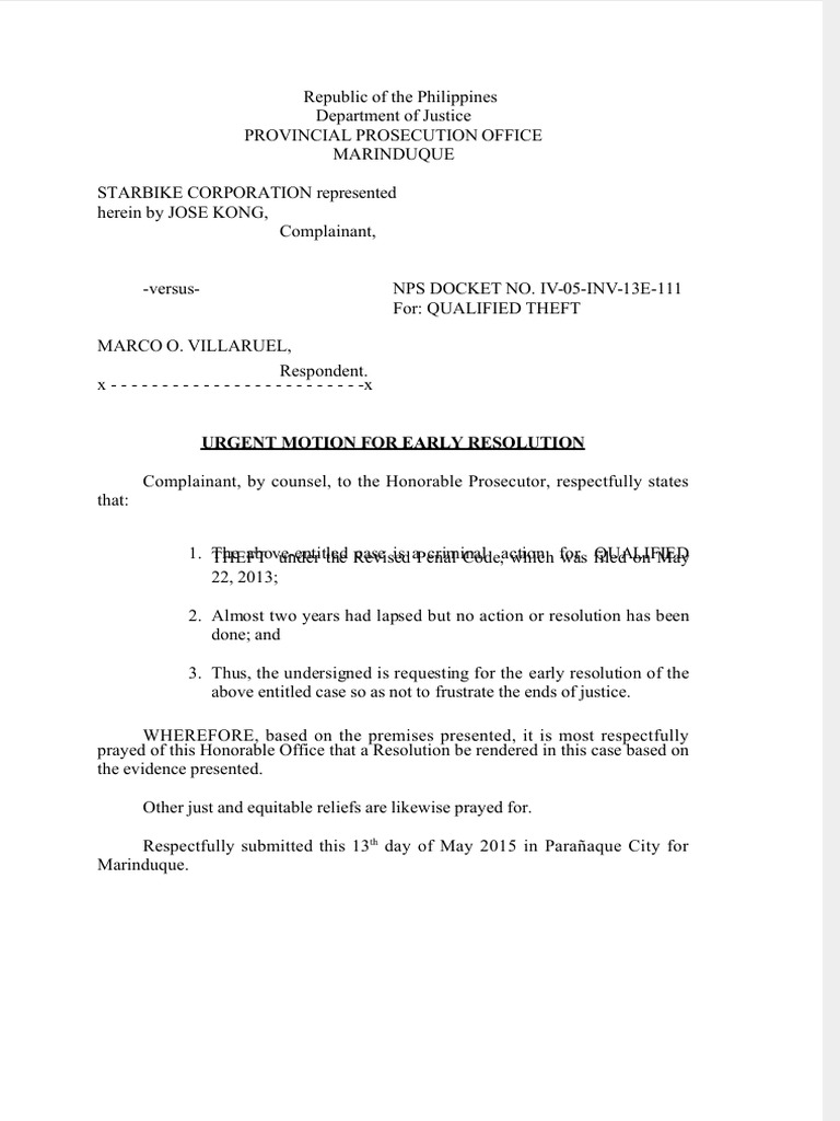 Urgent Motion For Early Resolution | PDF | Justice | Crime & Violence