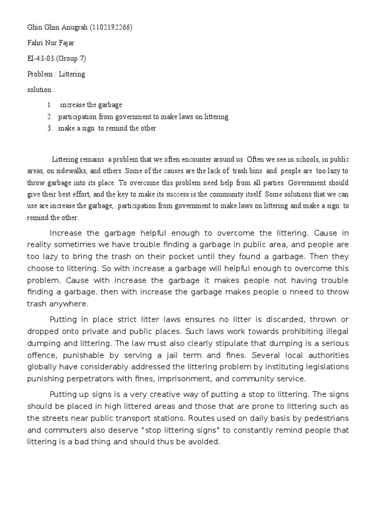 Problem Solution Essay - Littering | PDF