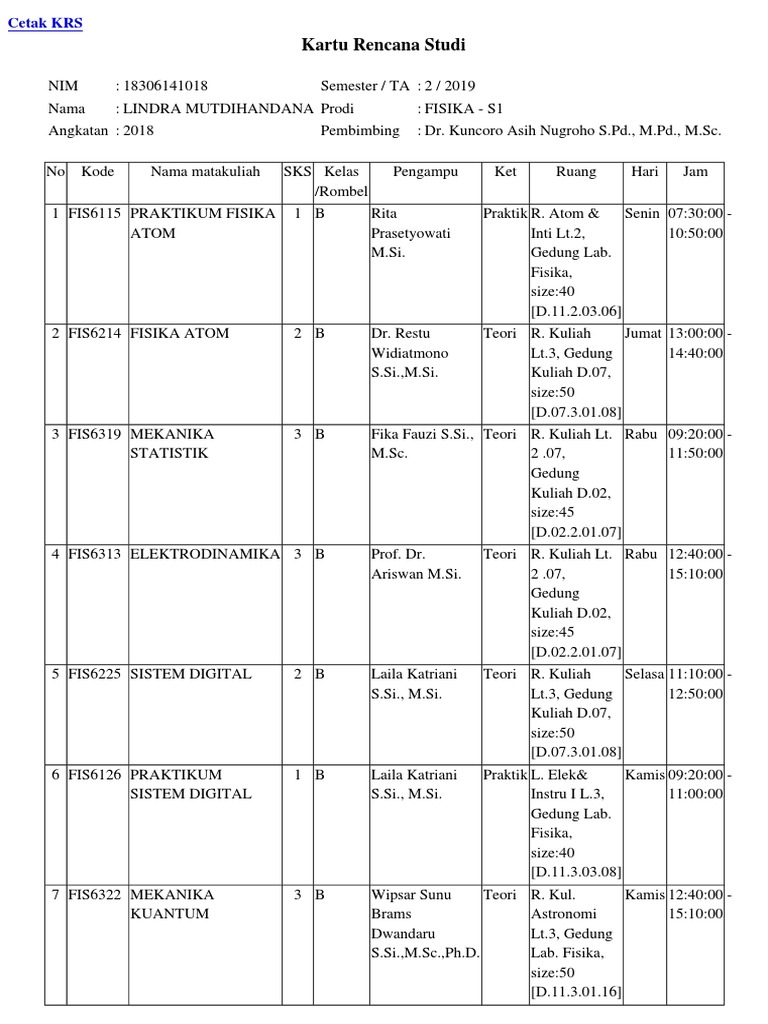 KRS Mahasiswa Fisika UNY Semester 2 | PDF