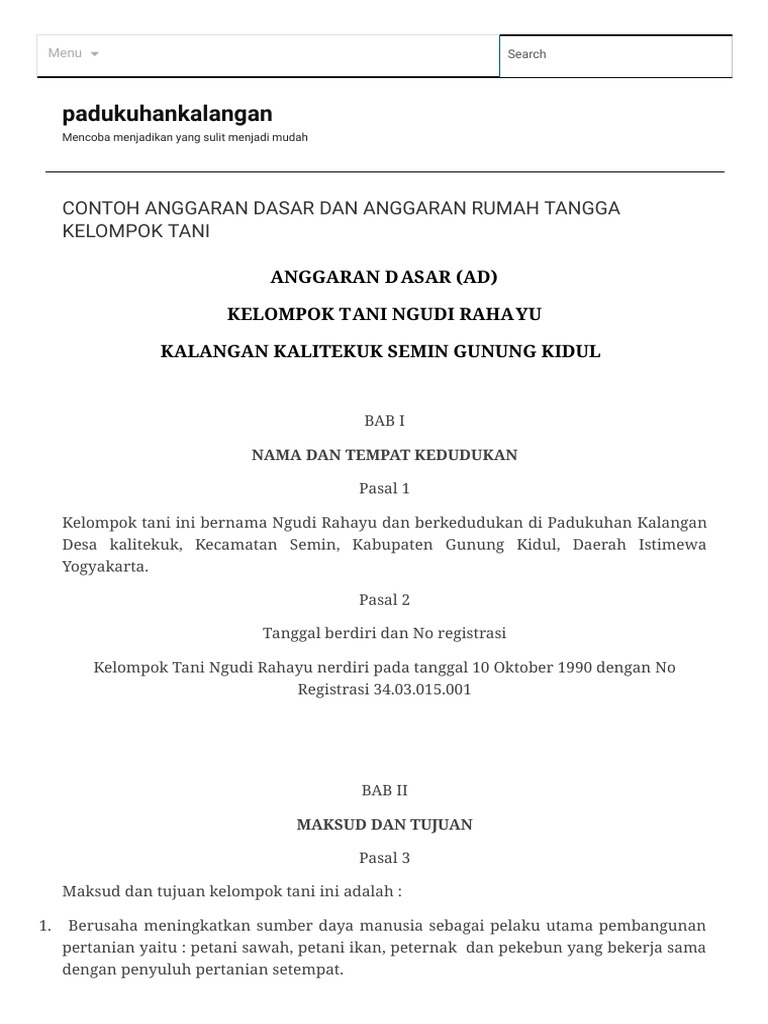 CONTOH ANGGARAN DASAR DAN ANGGARAN RUMAH TANGGA KELOMPOK TANI ...