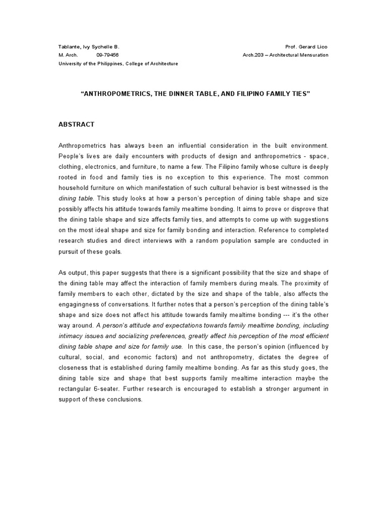 Dining Table Design and Family Bonds | PDF | Anthropometry | Perception