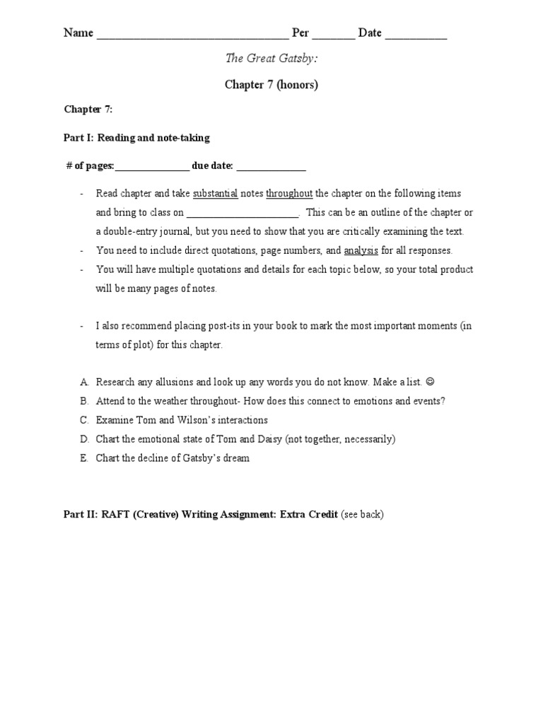 Chapter 7 Analysis and RAFT Assignment | PDF | The Great Gatsby | Writers