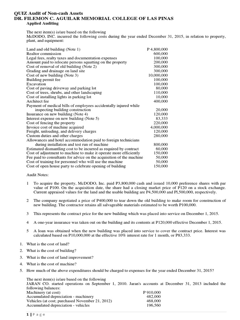 Q06A Audit of Non Cash Assets | PDF | Book Value | Depreciation