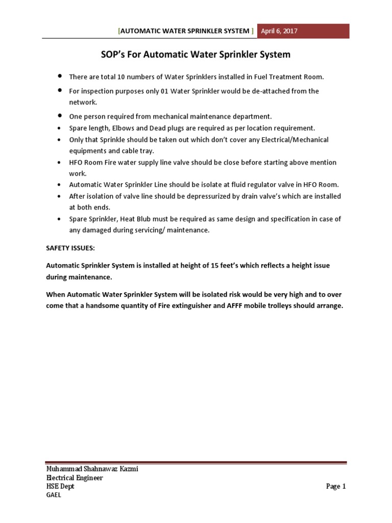 SOP of Automatic Water Sprinkler System | PDF