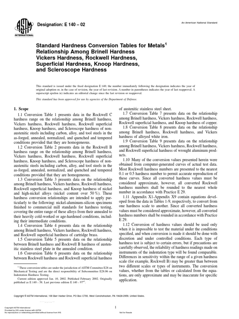 ASTM E 140 FOR Standard Hardness Conversioin Table PDF | PDF | Hardness ...