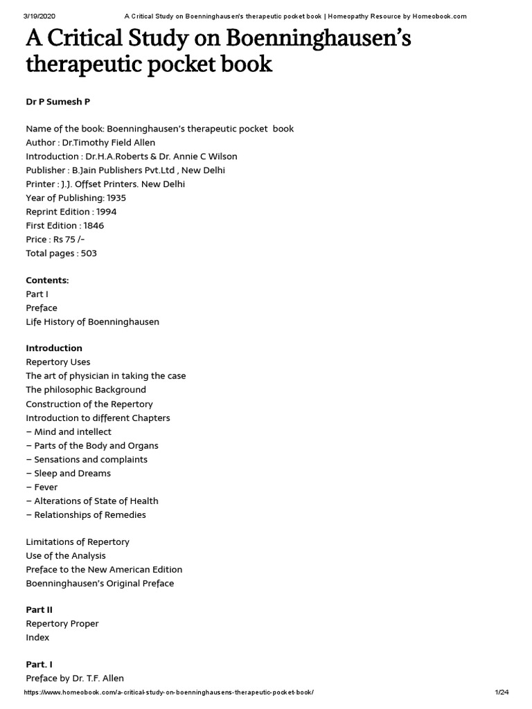 A Critical Analysis of Boenninghausen's Therapeutic Pocket Book: A ...